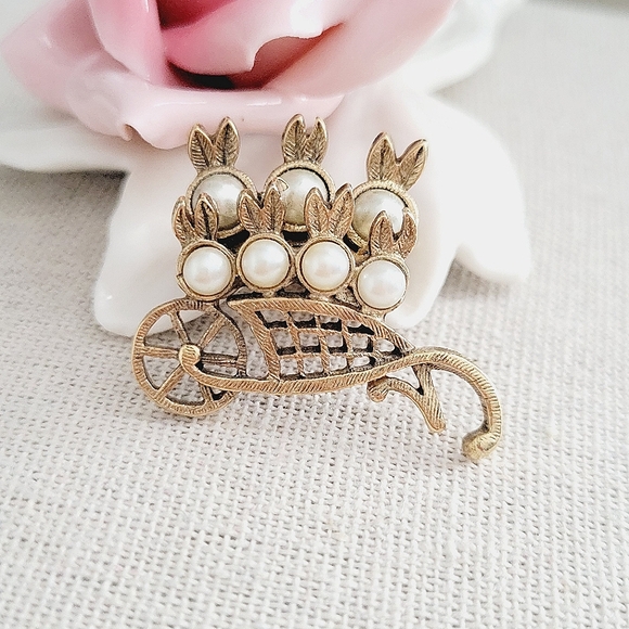 Jewelry | Vintage Rabbits On A Wheelbarrow Faux Pearl Brooch | Poshmark
